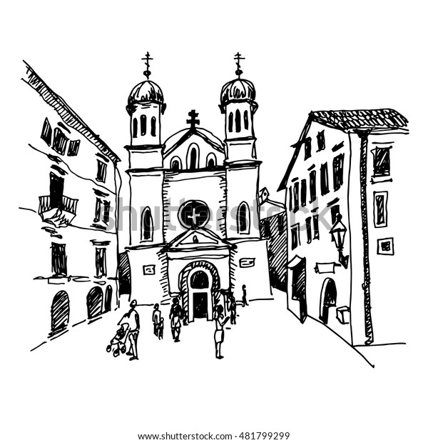 Original Black White Sketch Drawing Church Stock Vector (Royalty Free ...
