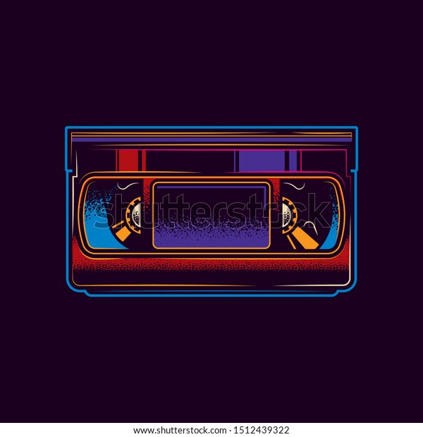 Original neon vector illustration.Old VHS videotape in retro style