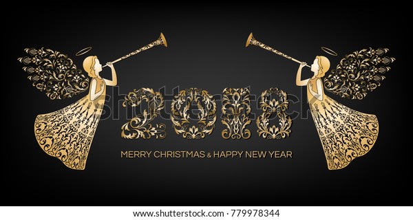 Ornamental Christmas Numerals 2018 Two Angels Stock Vector (Royalty ...