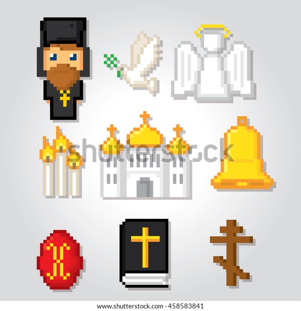 Orthodox Icons Set Pixel Art Old: vector de stock (libre de regalías ...