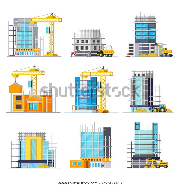 Orthogonal Icons Set Construction Buildings Glass Stock Vector (Royalty ...