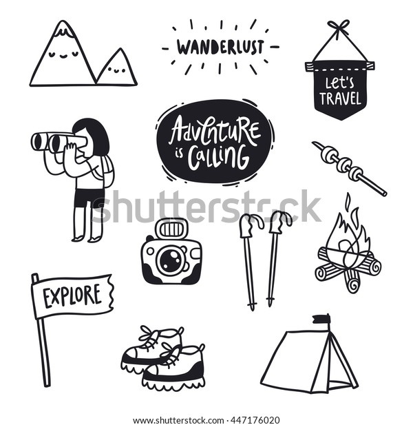 Outdoor adventures doodle illustrations vector set