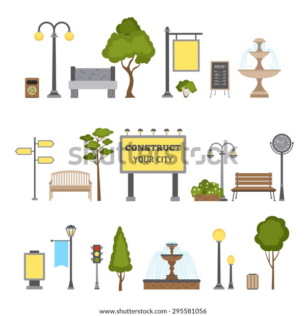 Outdoor and city landscape design object set isolated vector illustration