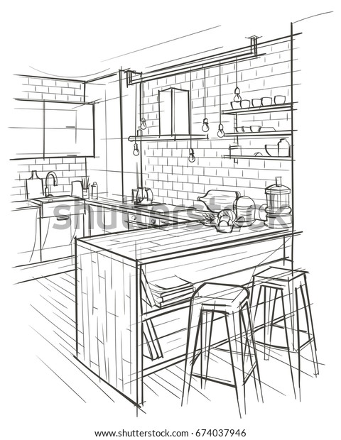 Outline Architectural Sketch Modern Kitchen Interior Stock Vector ...
