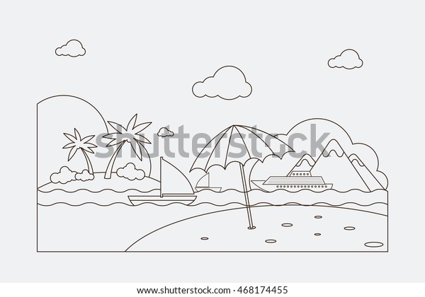 Outline Beach Islands Landscape Line Art Stock Vector (Royalty Free ...