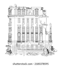 Outline Destroyed House Black Lines Isolated Stock Vector (Royalty Free ...