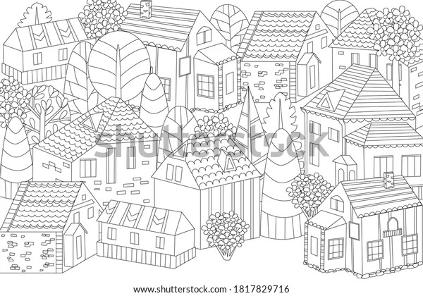 Outline Drawing Cute Cityscape Stylized Trees Stock Vector (Royalty ...