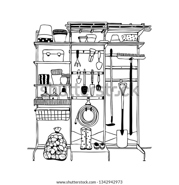 Outline Drawing Garden Tools On Shelving Stock Vector (Royalty Free ...