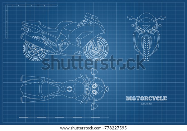 Outline drawing of motorcycle. Side, top and front view. Detailed ...