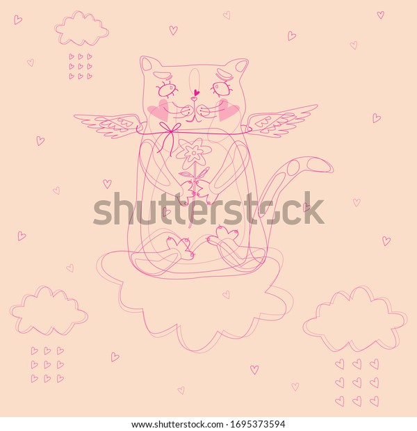 Outline Drawing Pink Cute Cat On Stock Vector (Royalty Free) 1695373594 ...