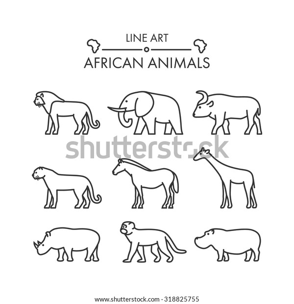 Outline figures of African animals. Vector icon set. Lion, cheetah ...