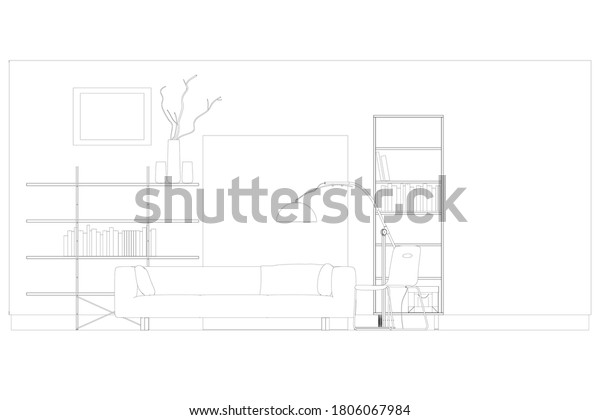 Outline Interior Living Room Front View Stock Vector (Royalty Free ...