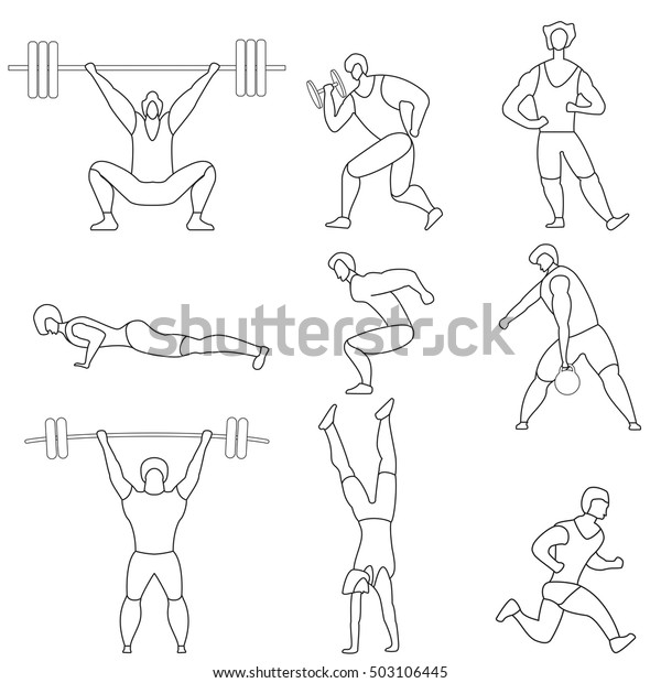 Outline Men Doing Sport Exercises Set Stock Vector (Royalty Free) 503106445