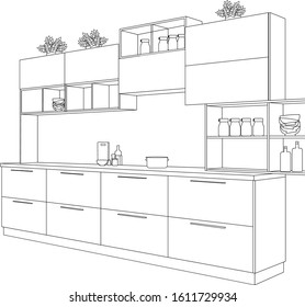 Black White Line Drawing Kitchen Counter Stock Illustration 618435080