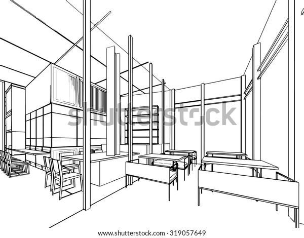 Outline Sketch Drawing Perspective Interior Space Stock Vector (Royalty ...