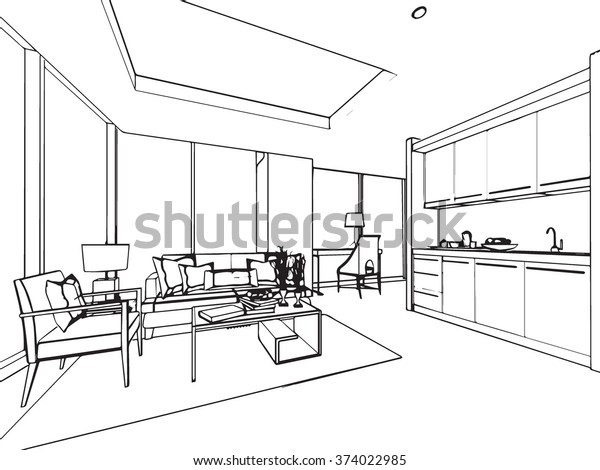Outline Sketch Drawing Perspective Interior Space Stock Vector (Royalty ...
