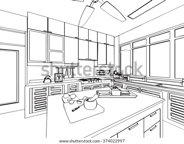 Outline Sketch Drawing Perspective Interior Space 库存矢量图（免版税）374022997