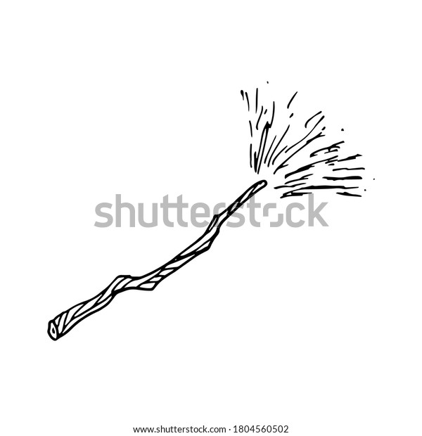 Outline vector magic wand with sparks. Hand drawn wooden magic stick ...