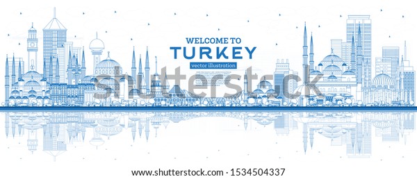 Outline Welcome Turkey Skyline Blue Buildings Stock Vector (Royalty ...