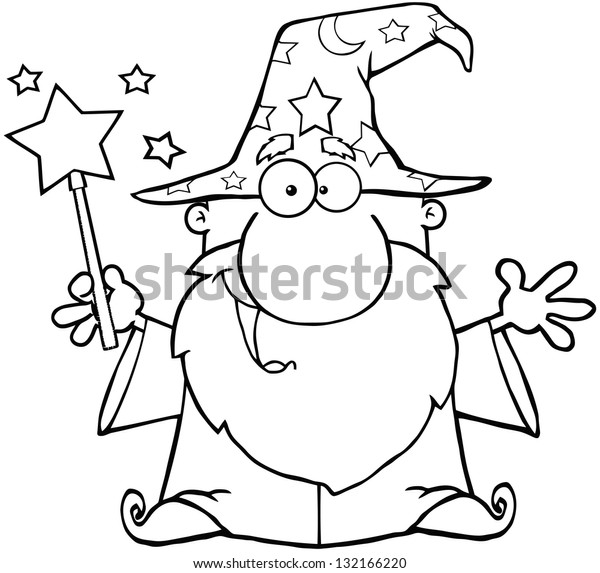 Outlined Funny Wizard Waving Magic Wand Stock Vector (Royalty Free ...