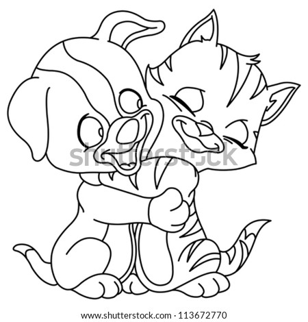 Outlined Puppy Kitten Hugging Each Other Stock Vector (Royalty Free ...