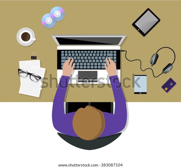 Overhead View Businessman Desk Stock Vector (Royalty Free) 383087104 ...