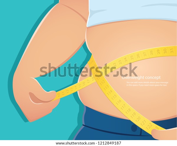 overweight, fat person use scale to measure his waistline with blue ...