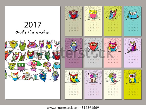 Owls Calendar 2017 Design Stock Vector (Royalty Free) 514391569