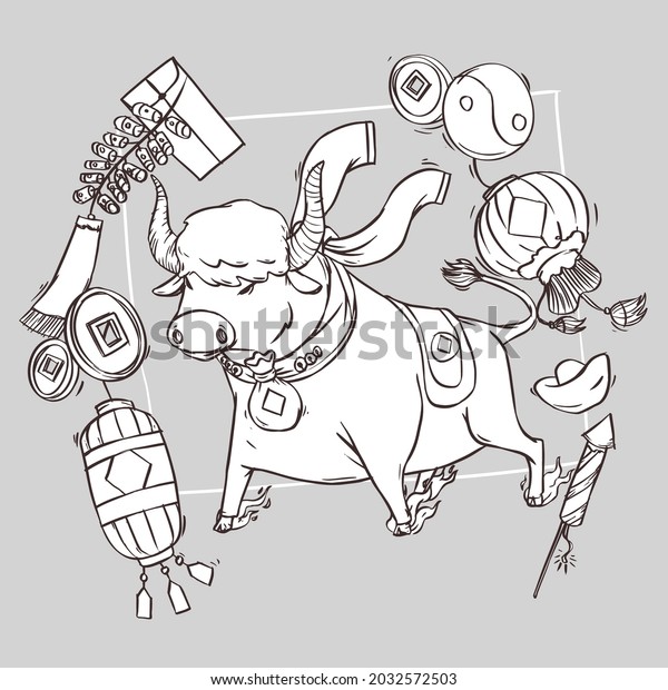 Ox Line Art Super Cute Cheerful Stock Vector (Royalty Free) 2032572503 ...
