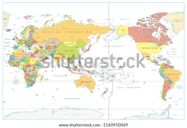 Pacific Centered World Colored Map Isolated Stock Vector (Royalty Free ...