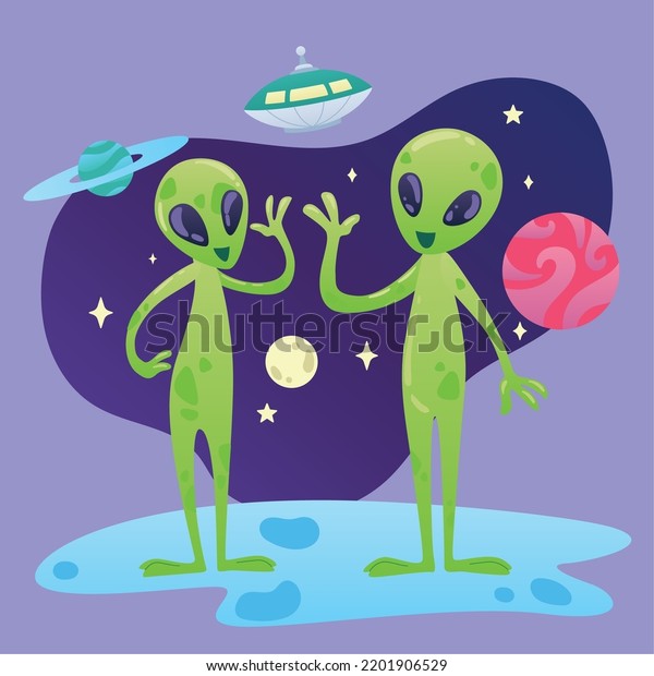 Pair Green Cute Happy Alien Characters Stock Vector (Royalty Free ...