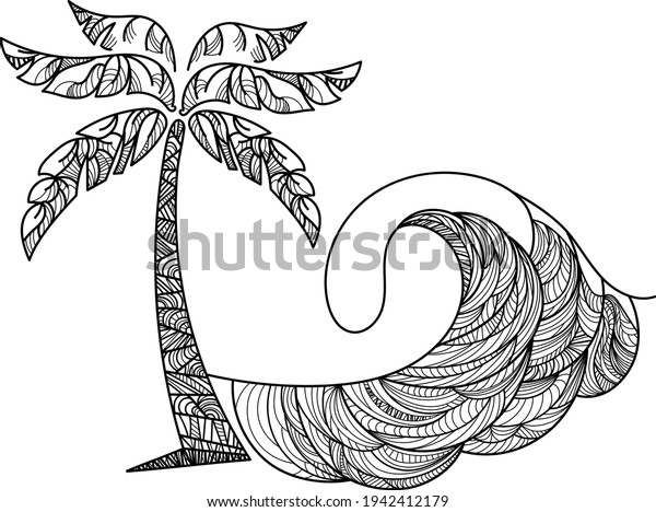Palm Tree Wave Line Art Style Stock Vector (Royalty Free) 1942412179