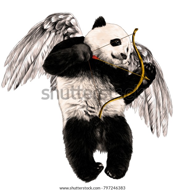 Panda Angel Wings Bow Flies Sketch Stock Vector (Royalty Free ...