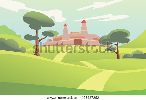 Panorama Castle Castle Landscape Cartoon Vector: immagine vettoriale ...