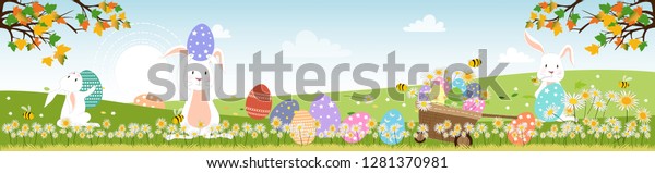 Panorama landscape of spring field with bunny hunting Easter eggs ...