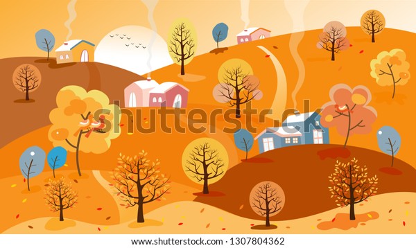 Panoramic Countryside Landscape Autumn Vector Illustration: เวกเตอร์ ...