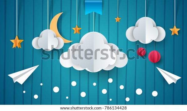 Paper Illustration Airplane Cloud Moon Star Stock Vector (Royalty Free ...