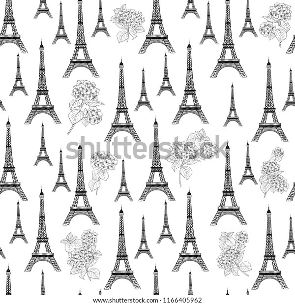 Paris Architecture Pattern Hydrangea Flowers Eiffel Stock Vector ...