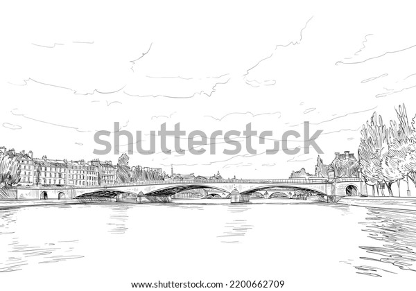 Paris City Sketch Bridge Drawing Seine Stock Vector (Royalty Free ...