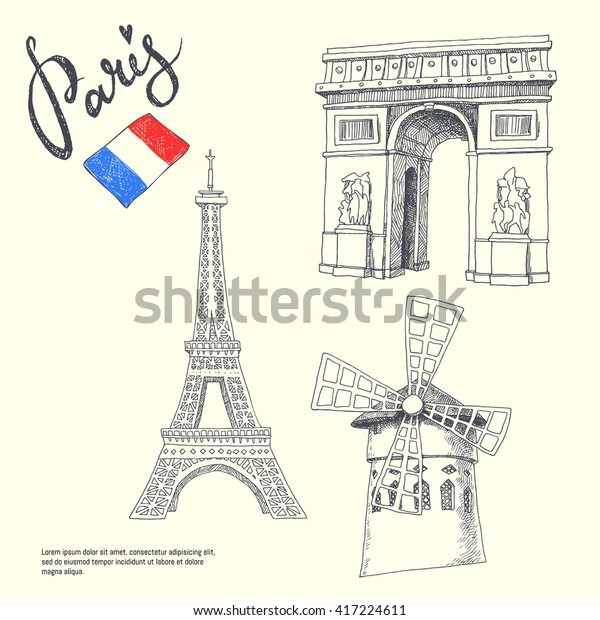 Paris Symbols Set Graphic Illustrations Landmarks Stock Vector (Royalty ...