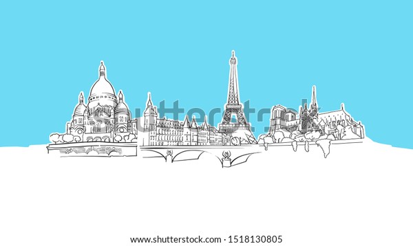 Paris Travel Landmarks Lineart Vector Sketch Stock Vector (Royalty Free) 1518130805