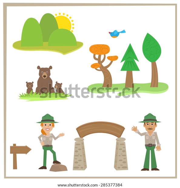 Park Rangers - Cartoon set of park rangers, bears and nature icons. Eps10
