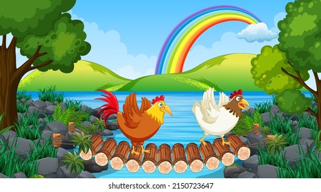 Park Scene Two Chickens On Bridge Stock Vector (Royalty Free ...