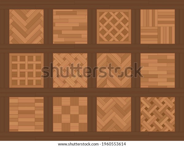 Parquet floor samples. Chart with common parquetry patterns, most ...