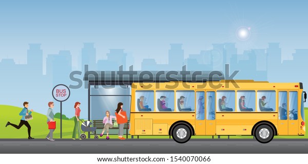 Passengers Bus Stop People Getting On Stock Vector (Royalty Free ...