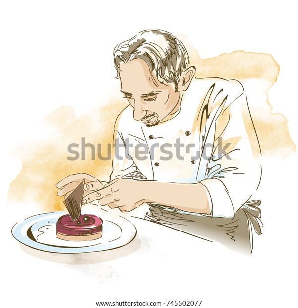 Pastry Chef Cooking Desert Hand Drawn Stock Vector (Royalty Free) 745502077