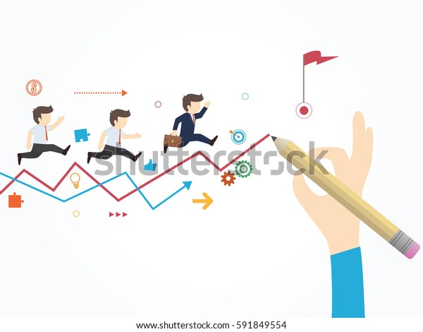 Path to the goal. Businessman hand drawing a line leading to the goal ...