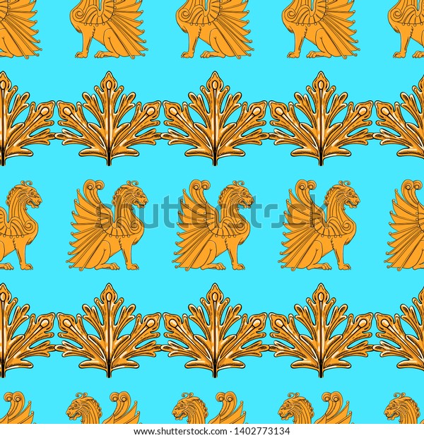 Pattern Golden Winged Lions Leaves On Stock Vector (Royalty Free ...