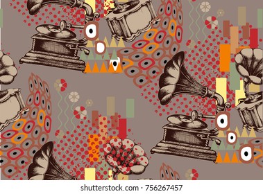 Pattern Gramophone Engraving Style Vector Illustration Stock Vector ...