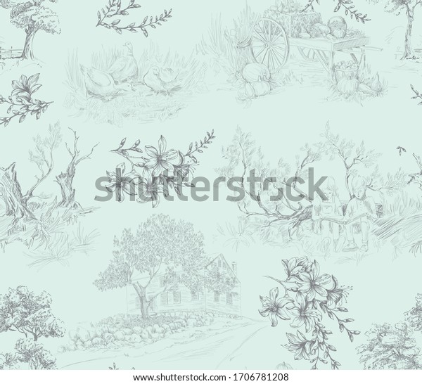 Pattern Landscapes Farm Scenes Trees Flowerscountry 库存矢量图（免版税）1706781208